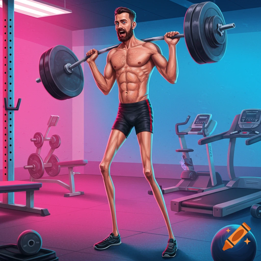 Man with very thin legs lifting weights in a gym on Craiyon