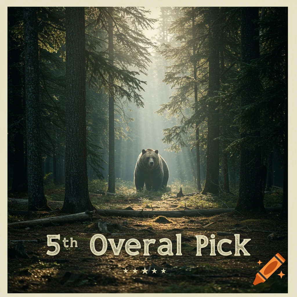 Vintage photo of a large bear in a forest with the text "5th Overall ...