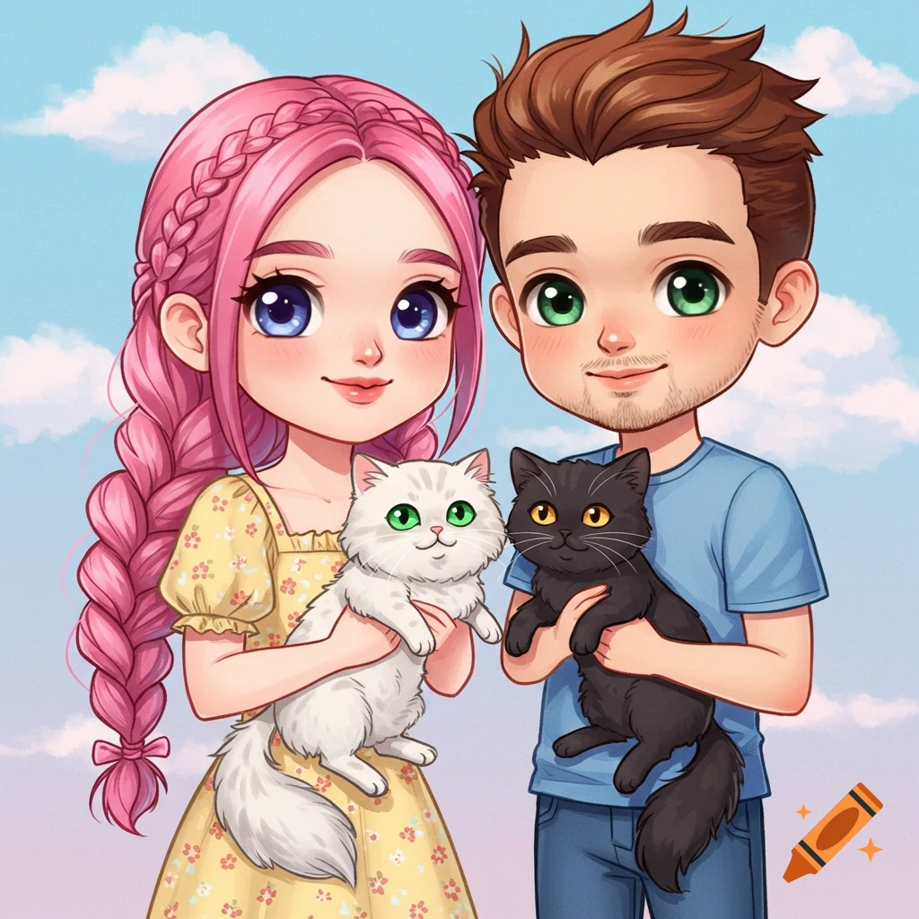 Chibi depiction of a couple holding two cats under a blue sky. on Craiyon