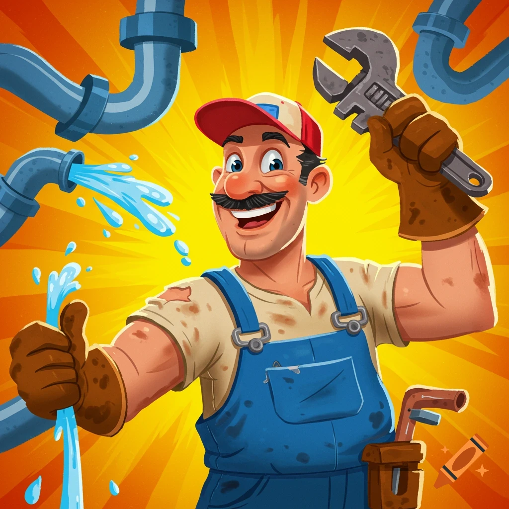 Animated cartoon plumber holding a wrench and pipe in a bathroom. on Craiyon