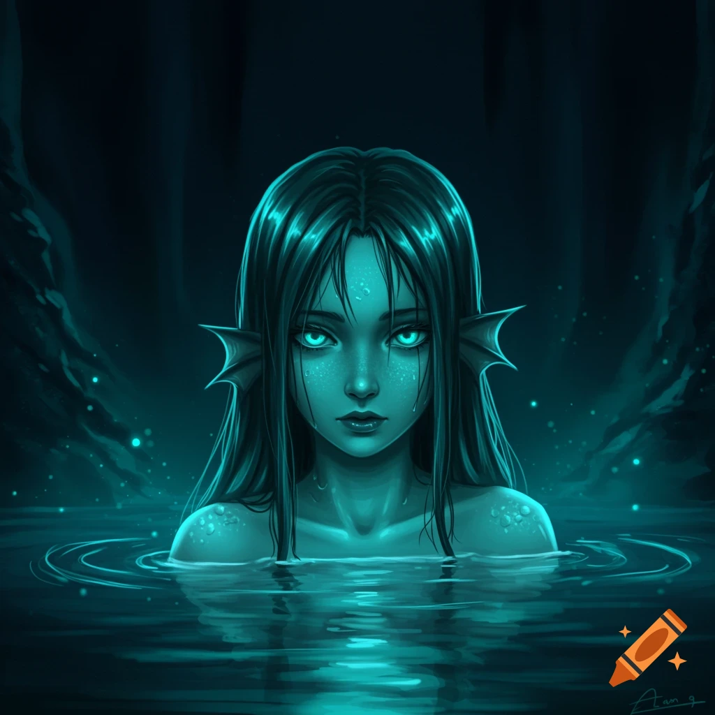 Anime siren girl with bioluminescent lighting emerging from a lake on ...