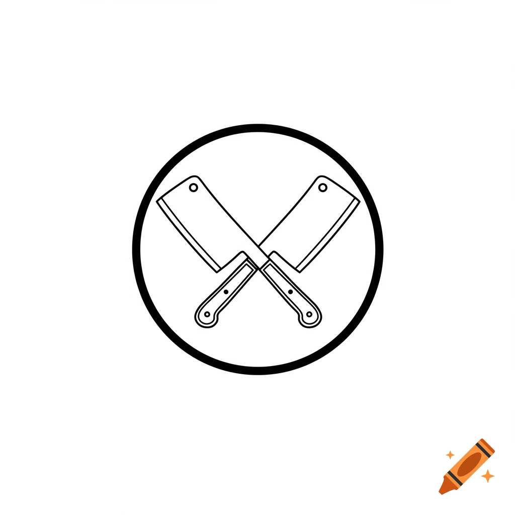 Black and white line drawing of crossed butcher cleavers inside a ...