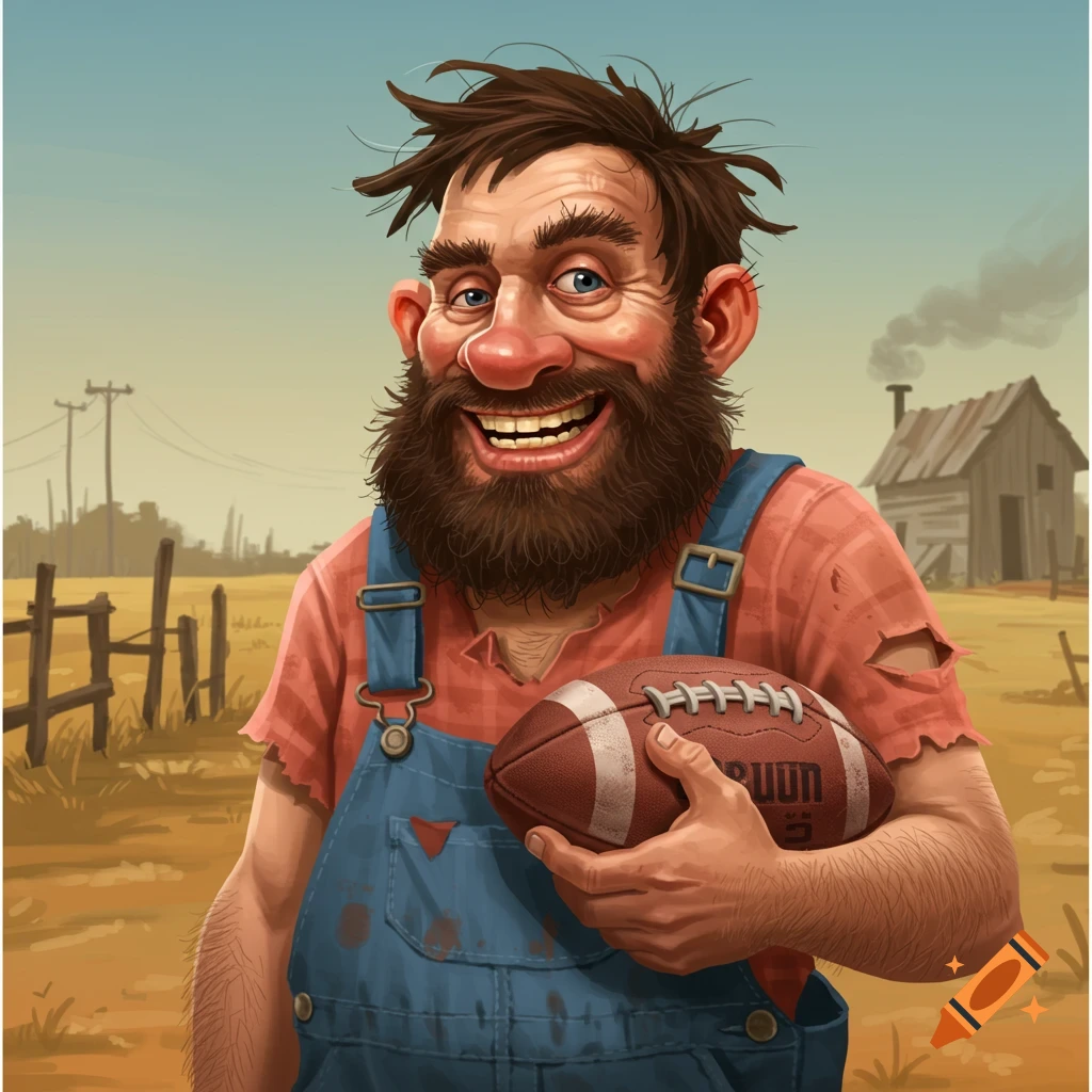 Smiling man with beard in overalls holds football in rural setting. on ...