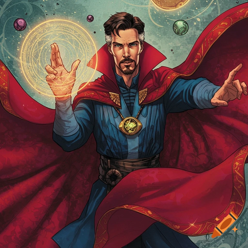 Doctor Strange casts a glowing magic spell in comic art style on Craiyon