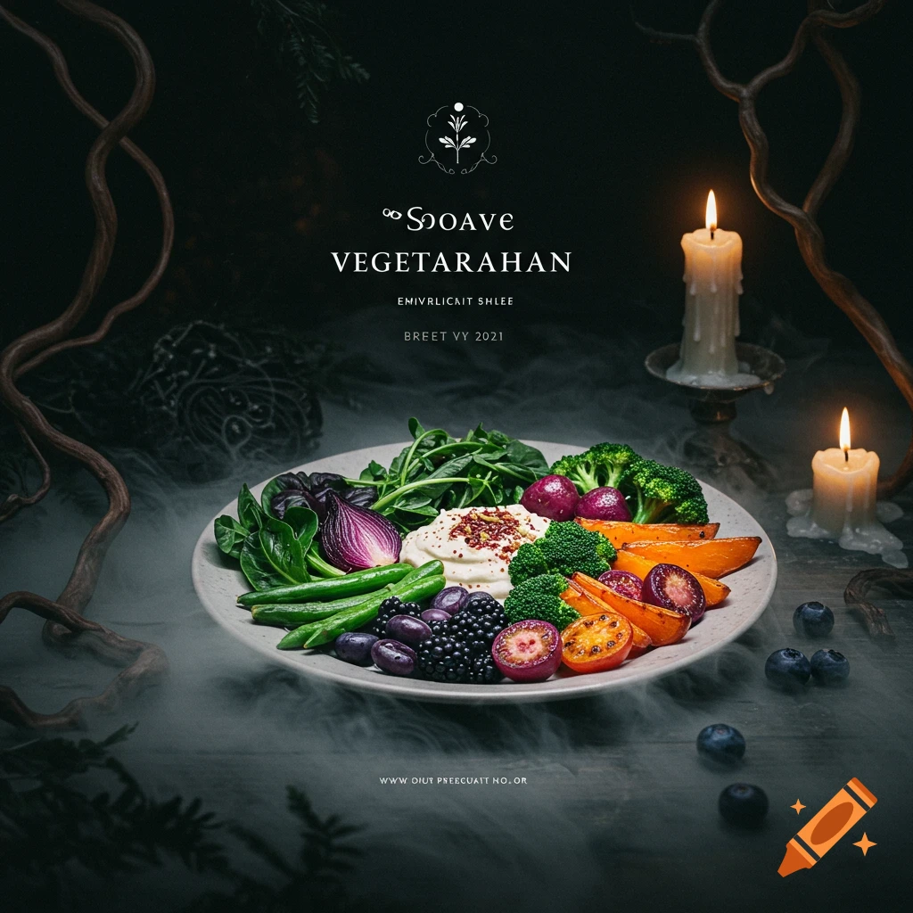 Spooky vegetarian food plate with dark green vegetables, roasted root ...