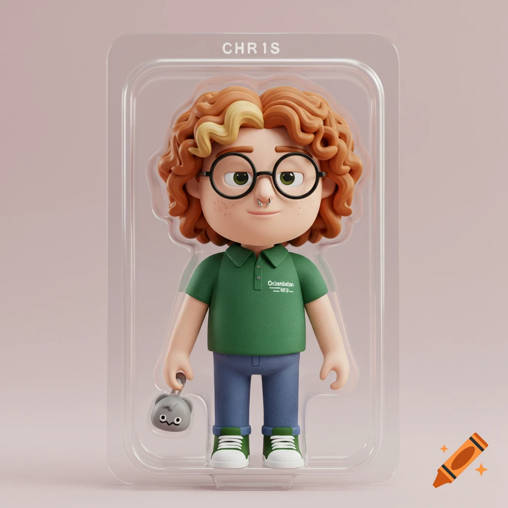 3D action figure of a person with red curly hair and glasses in clear ...
