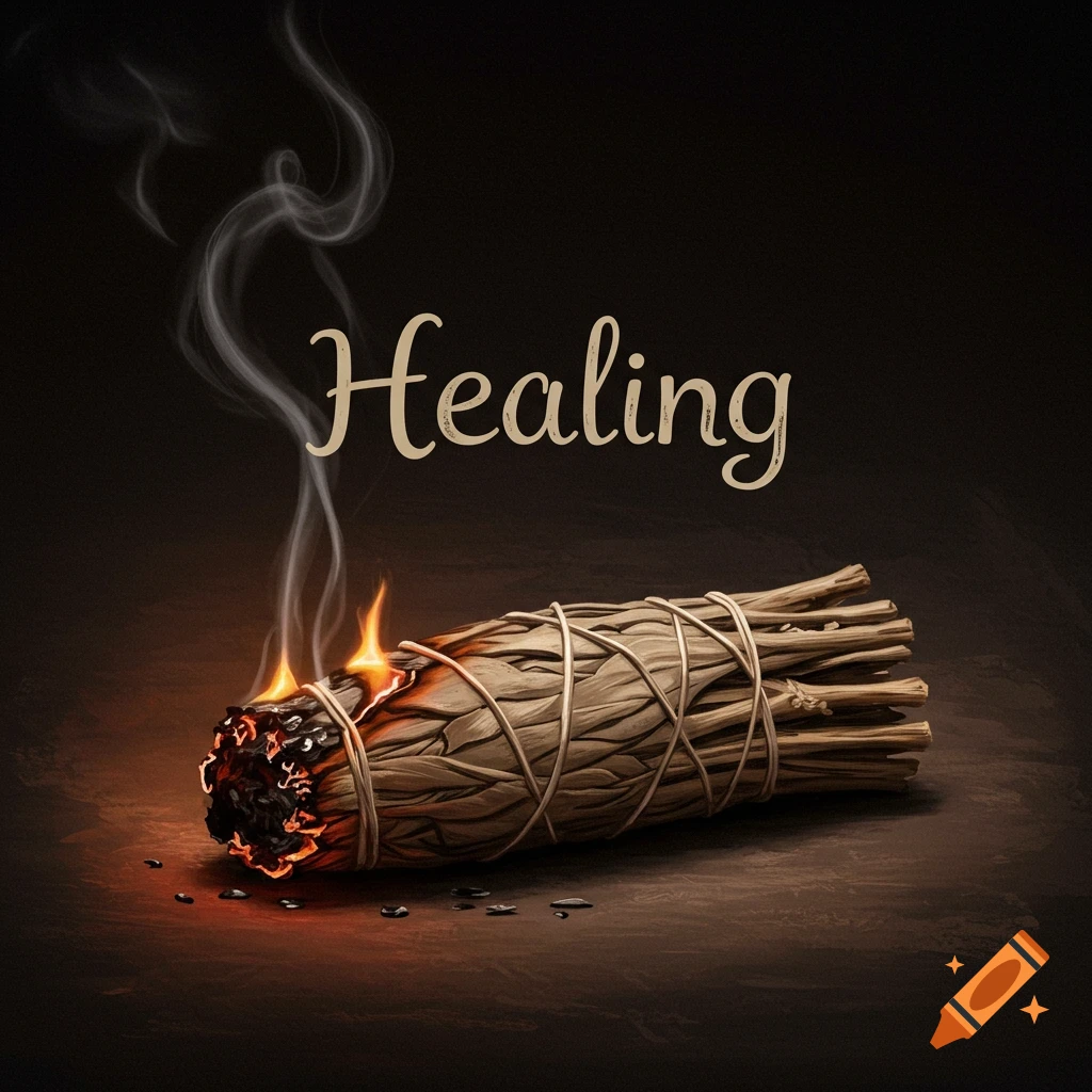 Bundle of burning sage with the word “healing” on Craiyon