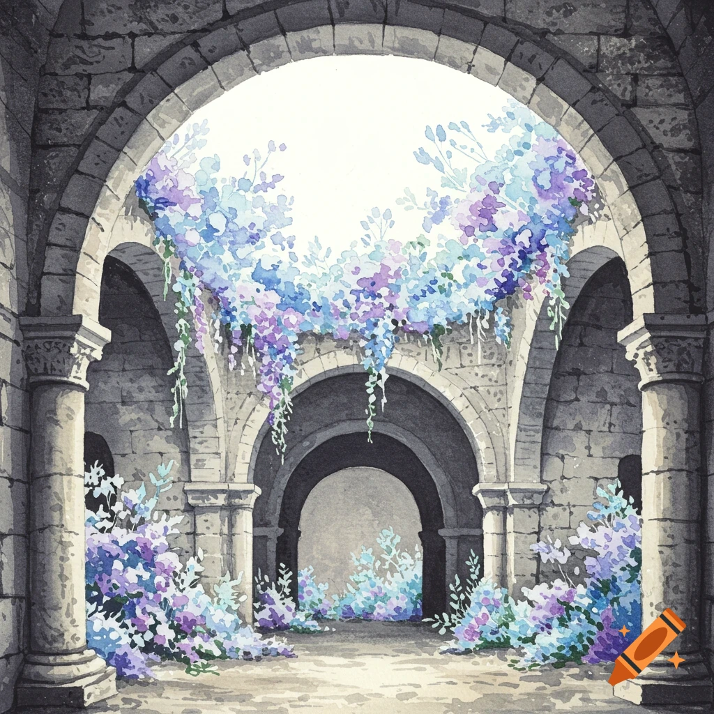 Watercolor illustration of stone ruins with blue and purple flowers ...