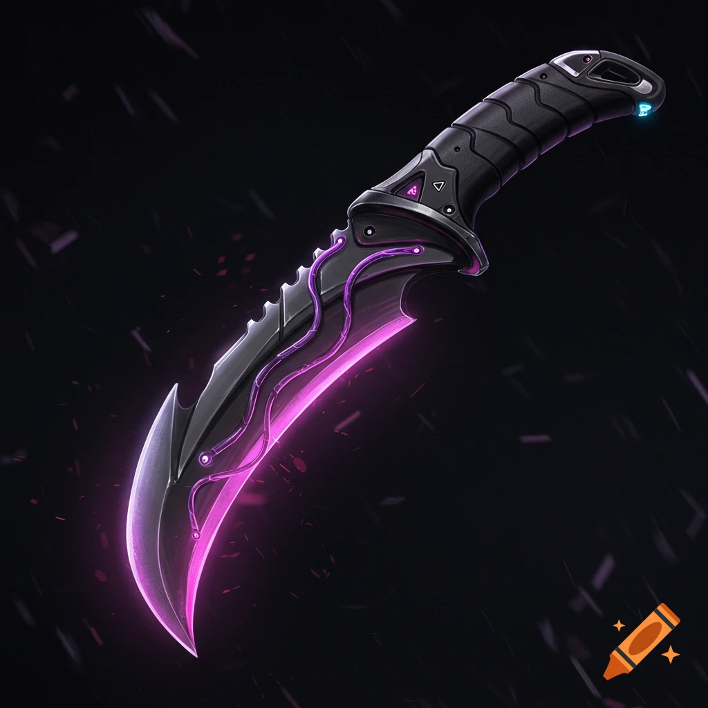 A futuristic black and purple glowing dagger on a dark background. on ...