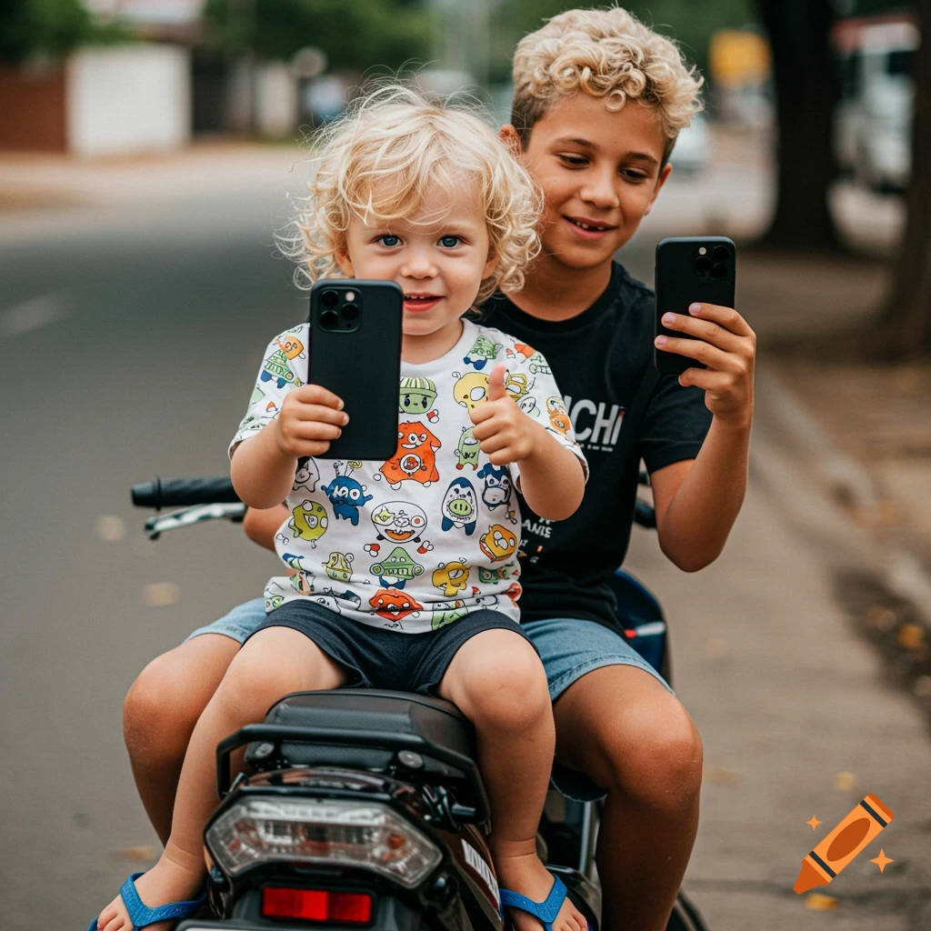 Brazilian toddler on motorcycle with older brother using iPhone on Craiyon