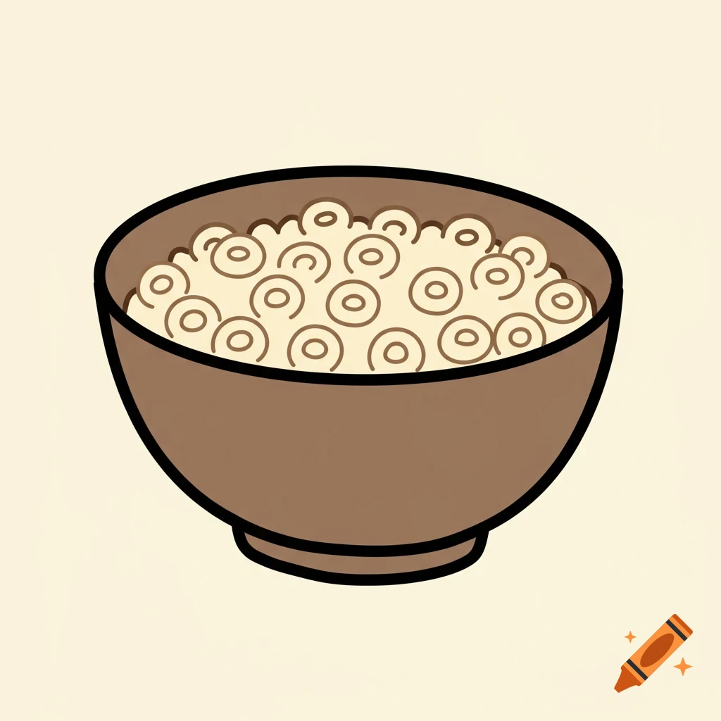 Simple drawing of a brown bowl filled with circular cereal. on Craiyon