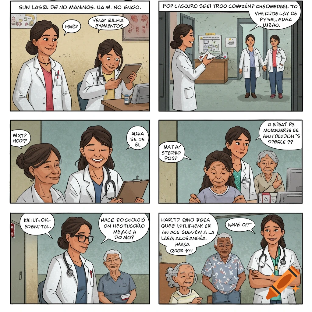 Comic strip about a doctor named Marta Morelos in a clinic on Craiyon