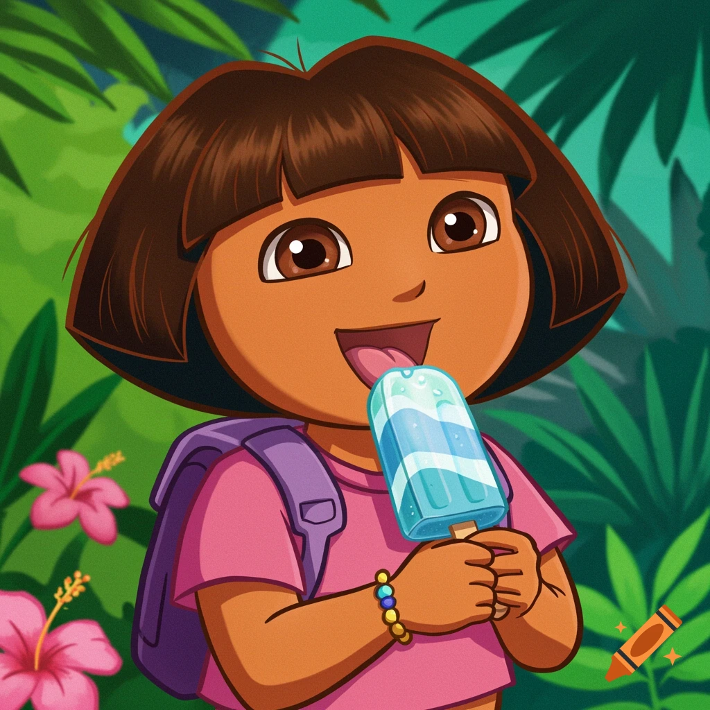 Dora the Explorer looks up at a female masked luchador flexing her ...