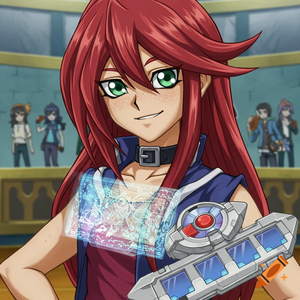 Yu-Gi-Oh character with red hair and green eyes on Craiyon