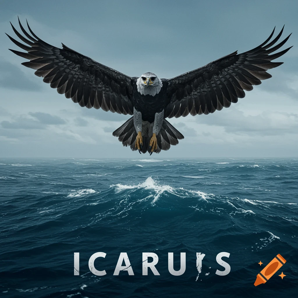 Harpie eagle over ocean with 'Icarus' text, military style on Craiyon