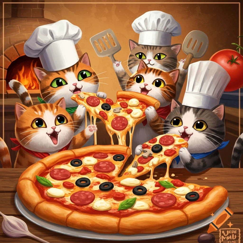 Cartoon illustration of several cute cats eating pizza with lots of ...