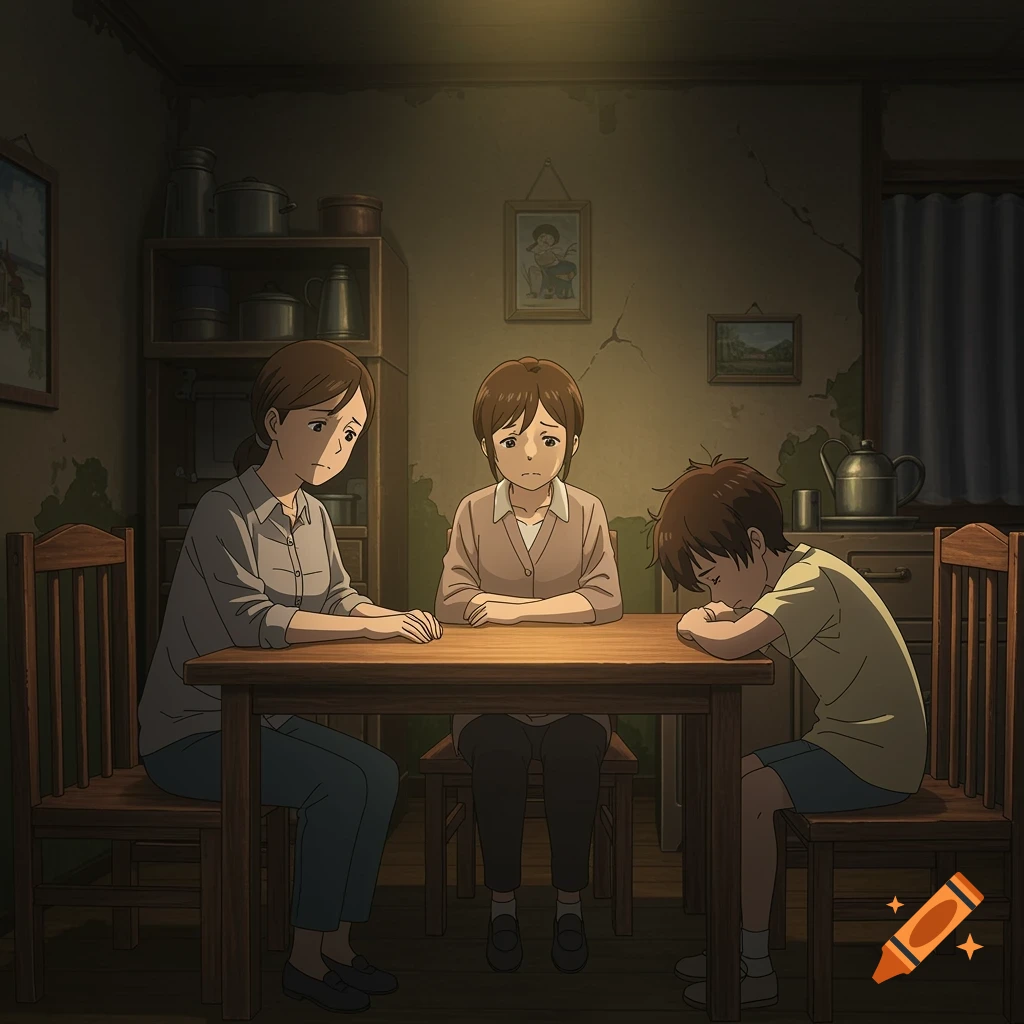 Anime-style sad boy with parents at home on Craiyon