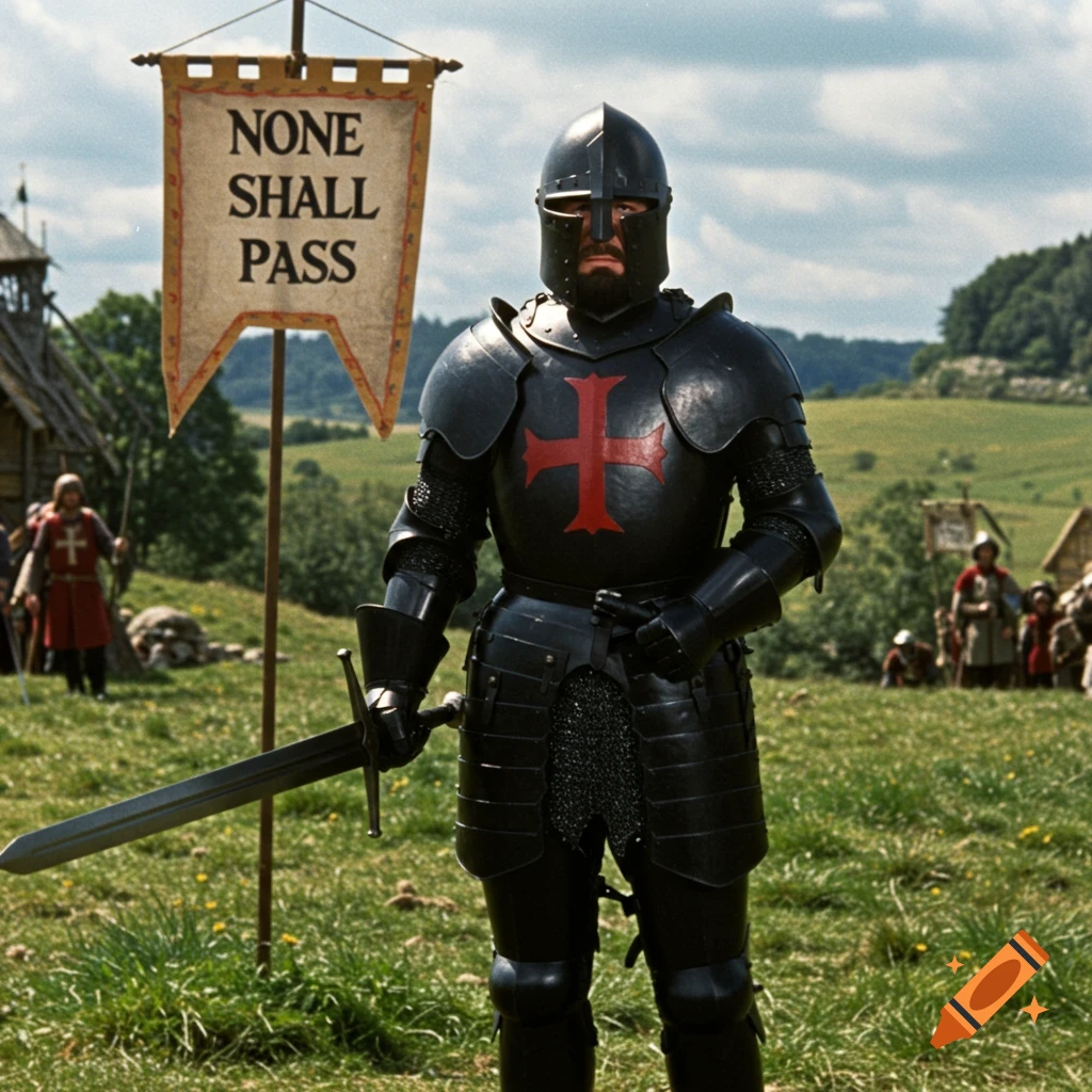 Black Knight from Monty Python with "None Shall Pass" banner on Craiyon