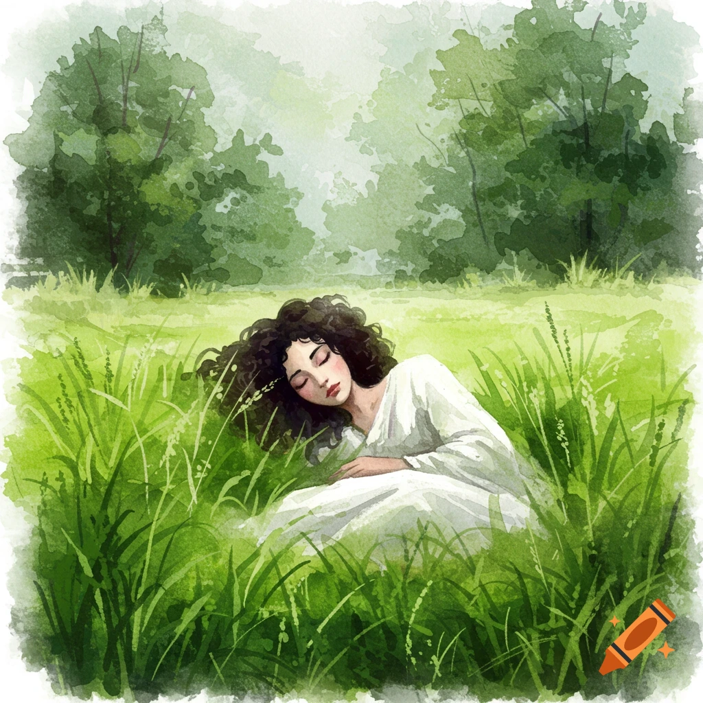 Abstract watercolor of woman sleeping in tall grass with trees nearby ...