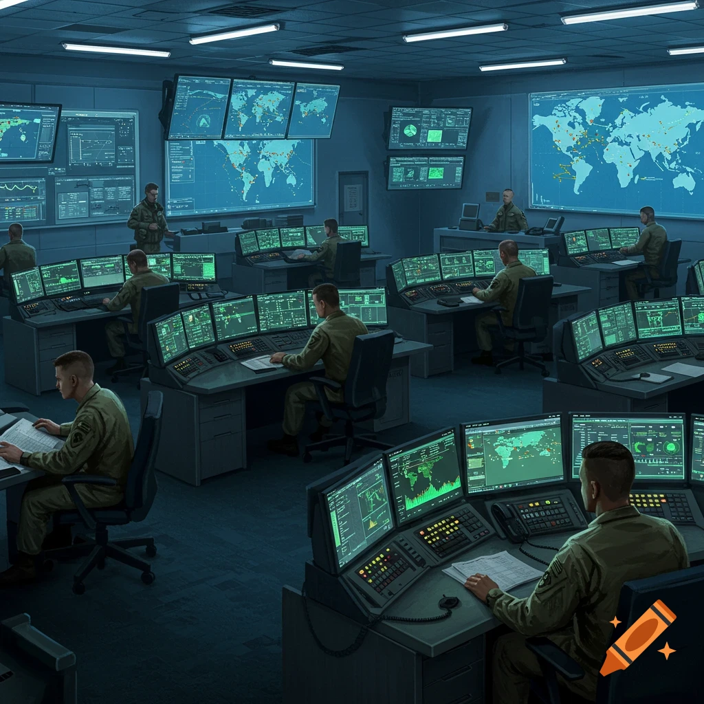 Soldiers working in a military command center with screens and maps. on ...