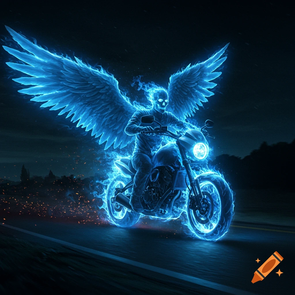 Blue flame ghost rider with angel wings on Craiyon