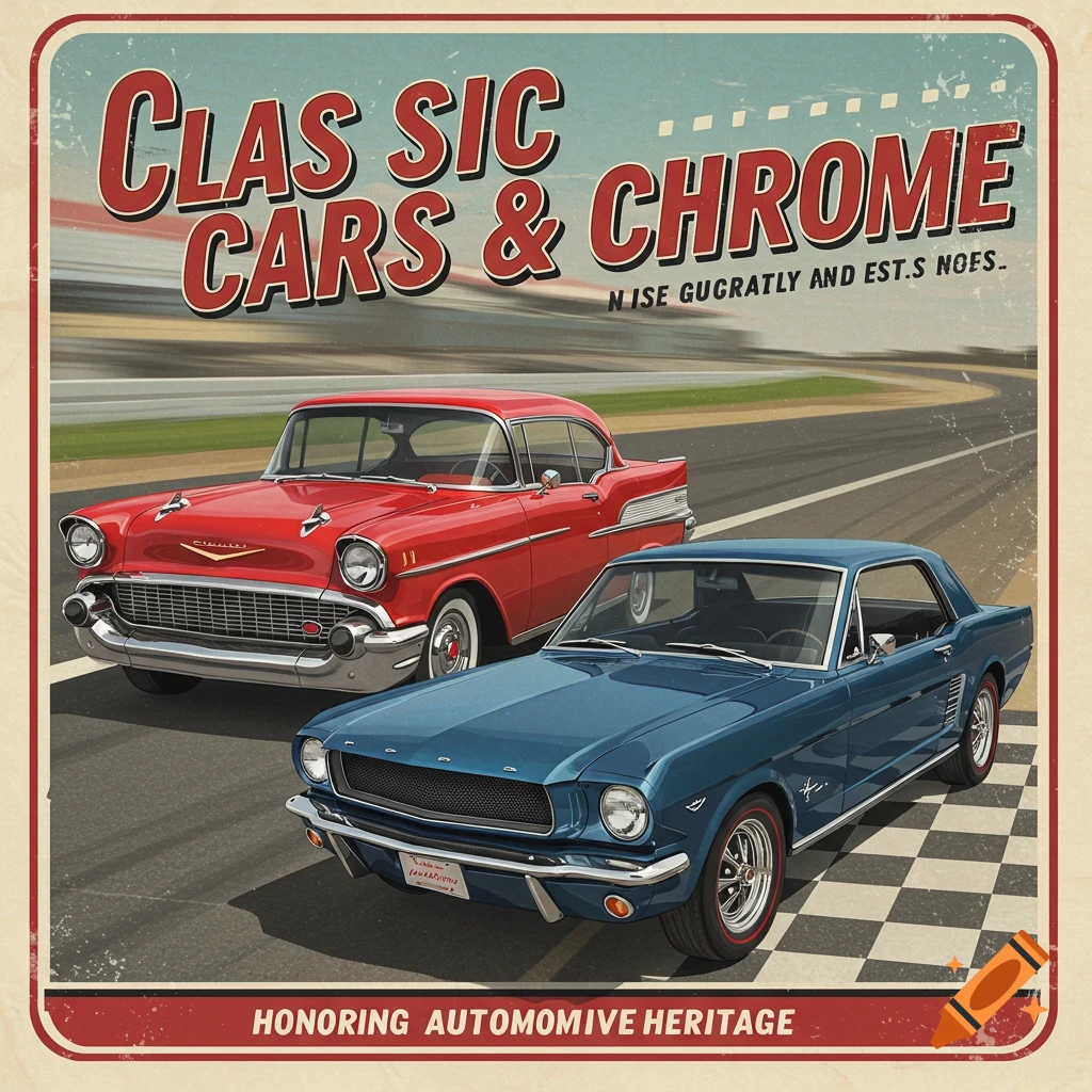 Classic car show poster with Chevy and Ford cars, checkered pattern on ...