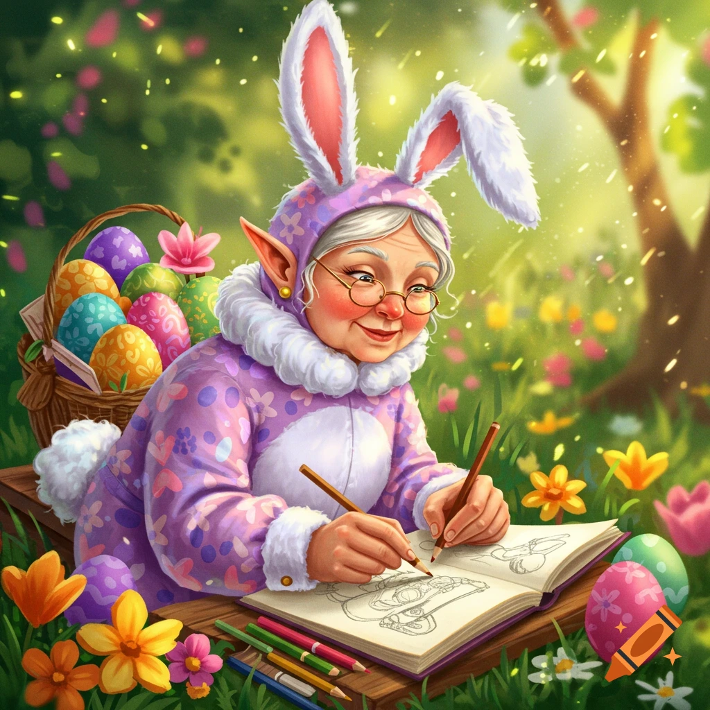 Grandma elf in an Easter bunny costume drawing on Craiyon