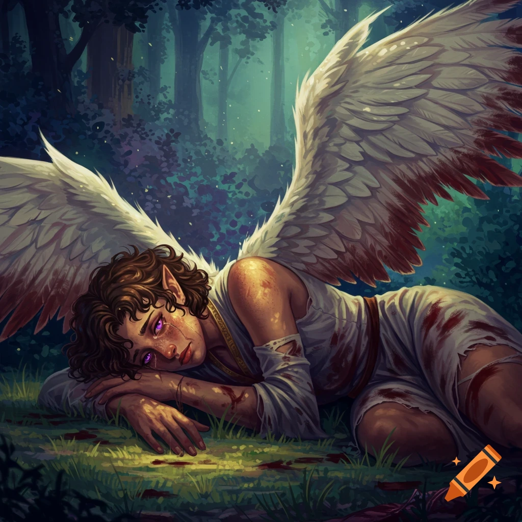 A wounded fallen angel lies in a forest clearing on Craiyon