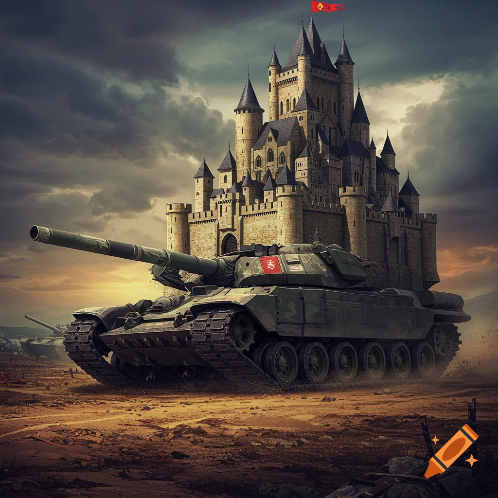 A tank covered in glowing tentacles on an alien landscape under a ...