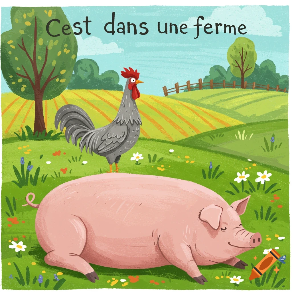 Skinny gray rooster and big pink pig on a farm on Craiyon