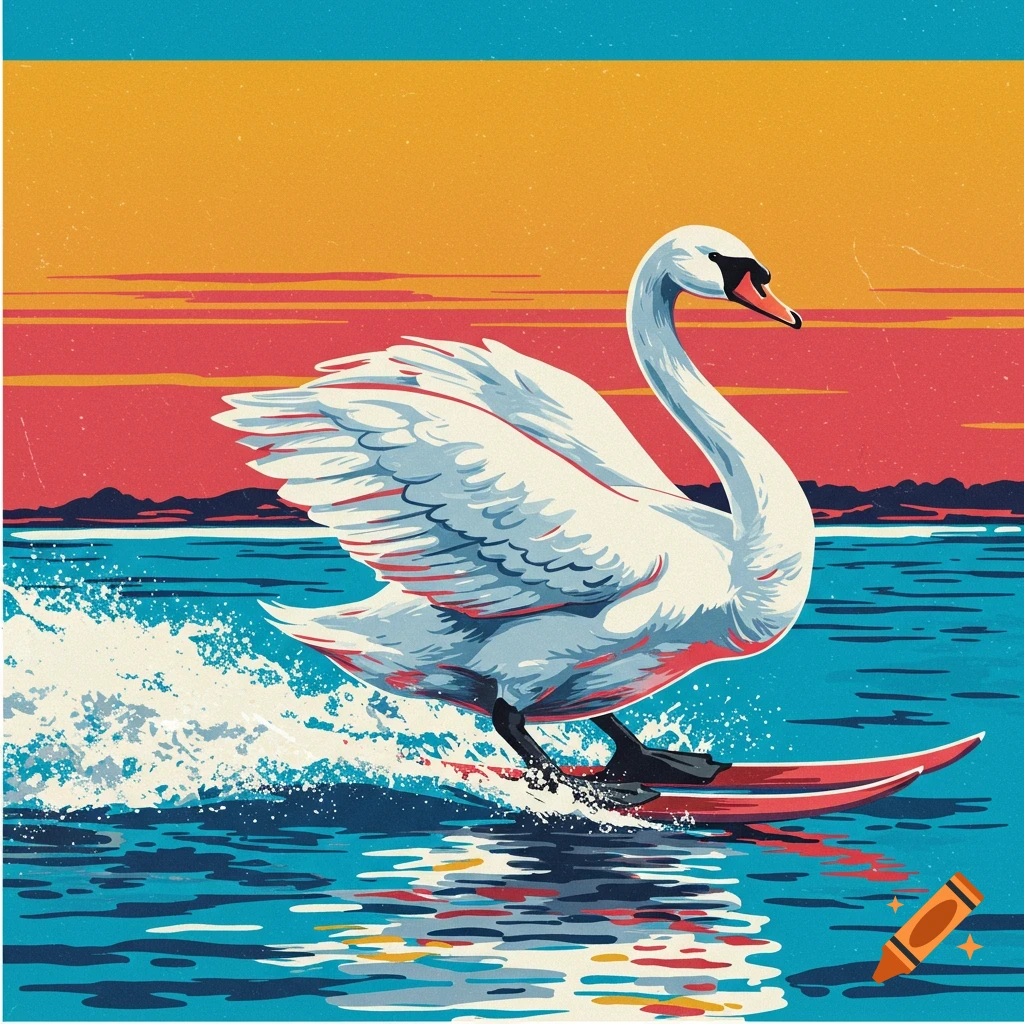 Swan on waterskis in 80s NASCAR t-shirt logo style on Craiyon