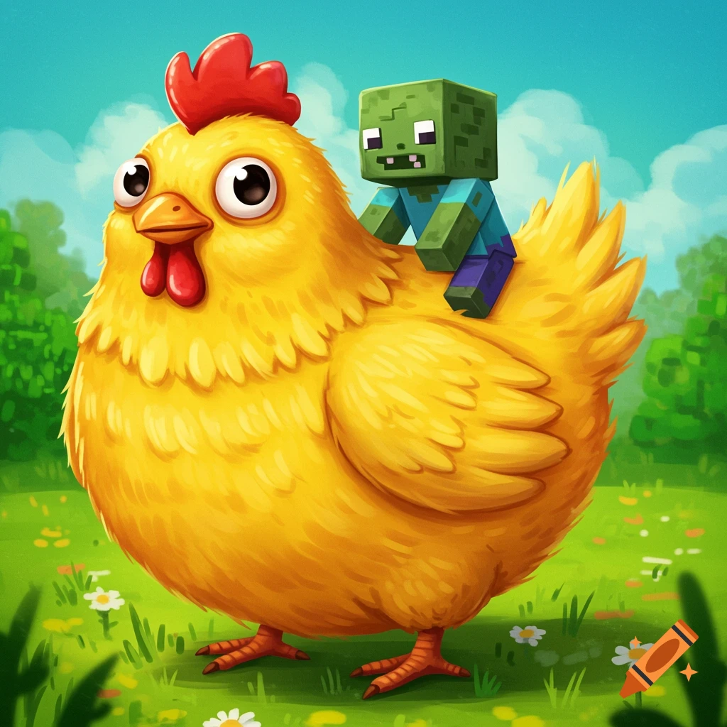 A blocky, realistic chicken with a small, green baby zombie riding on ...