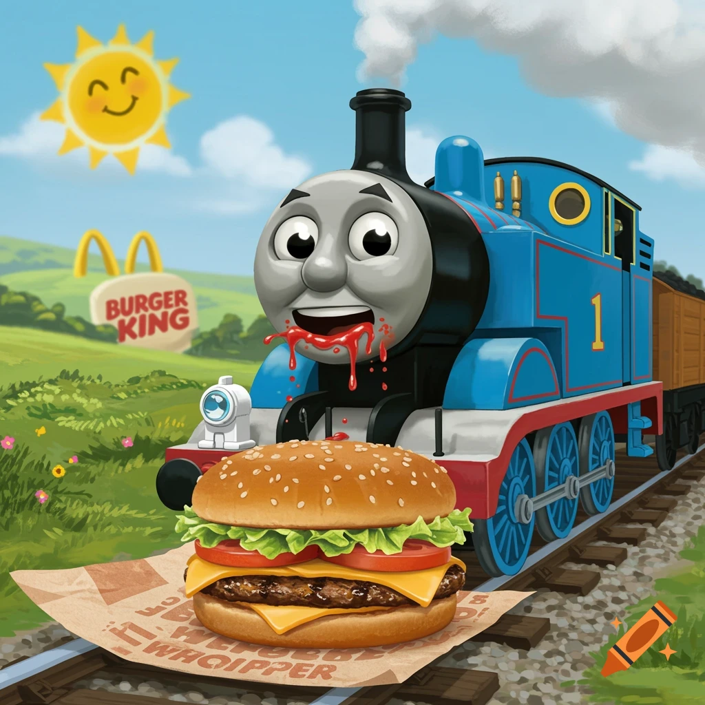 Cartoon Thomas the Tank Engine eats a Burger King Whopper, ketchup ...