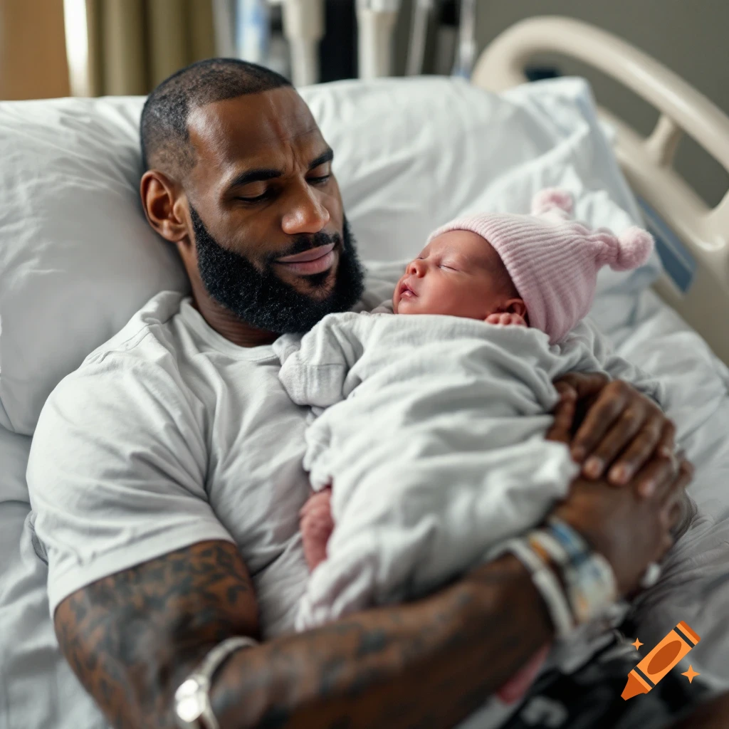 LeBron James holding a newborn baby in a hospital on Craiyon