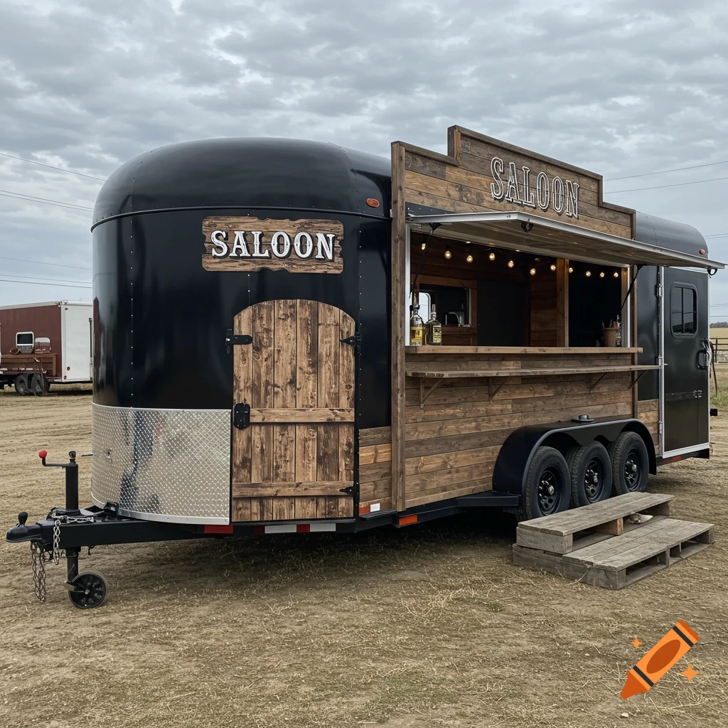Mobile two horse trailer bar with black exterior, saloon-style barn ...