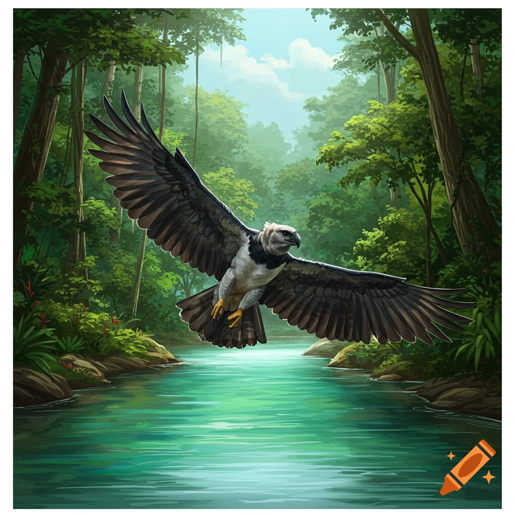 Harpy eagle flying over a river on Craiyon