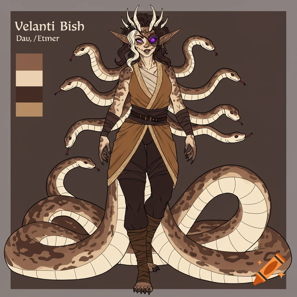 Illustration of Velsssira, a D&D character with brown and cream body ...