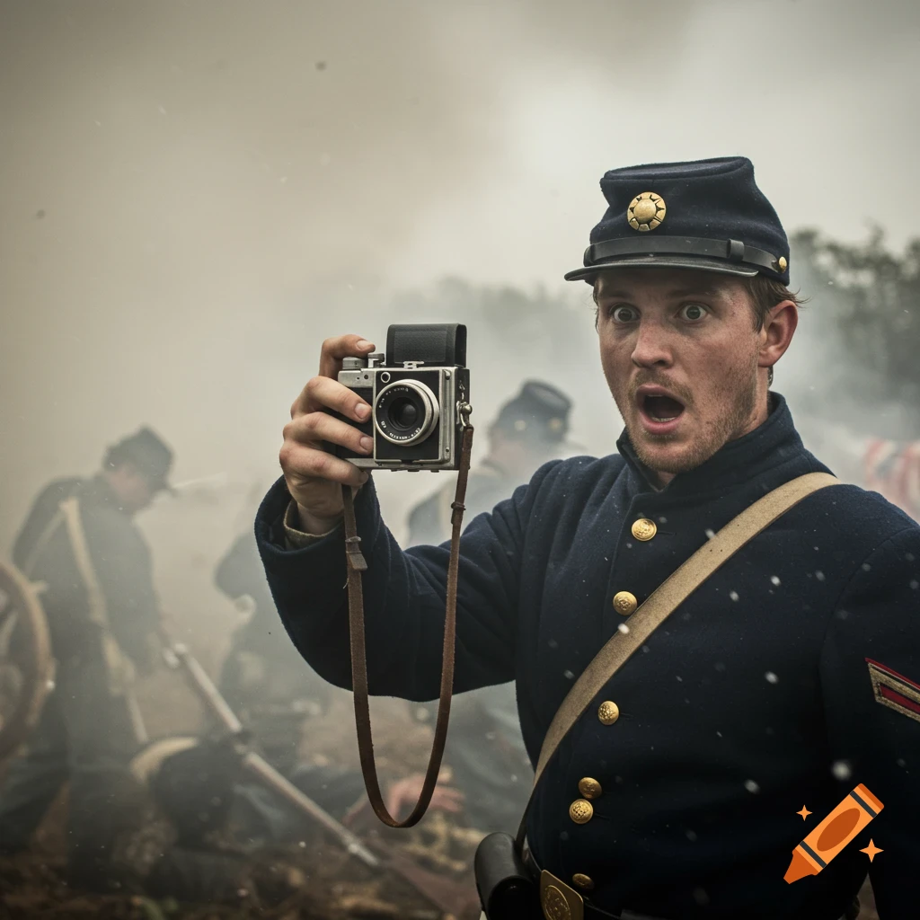 Union soldier in battle taking a surprised selfie with an old camera on ...