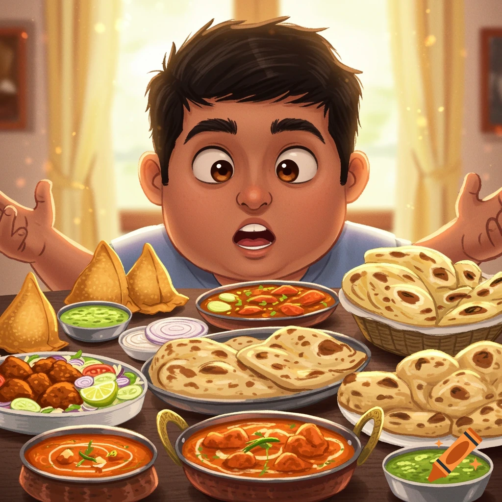 Cartoon boy looks surprised at a table full of Indian food like samosas ...