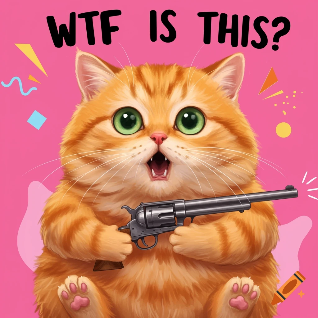 Fat orange cat holding gun with 'wtf is this' text on Craiyon