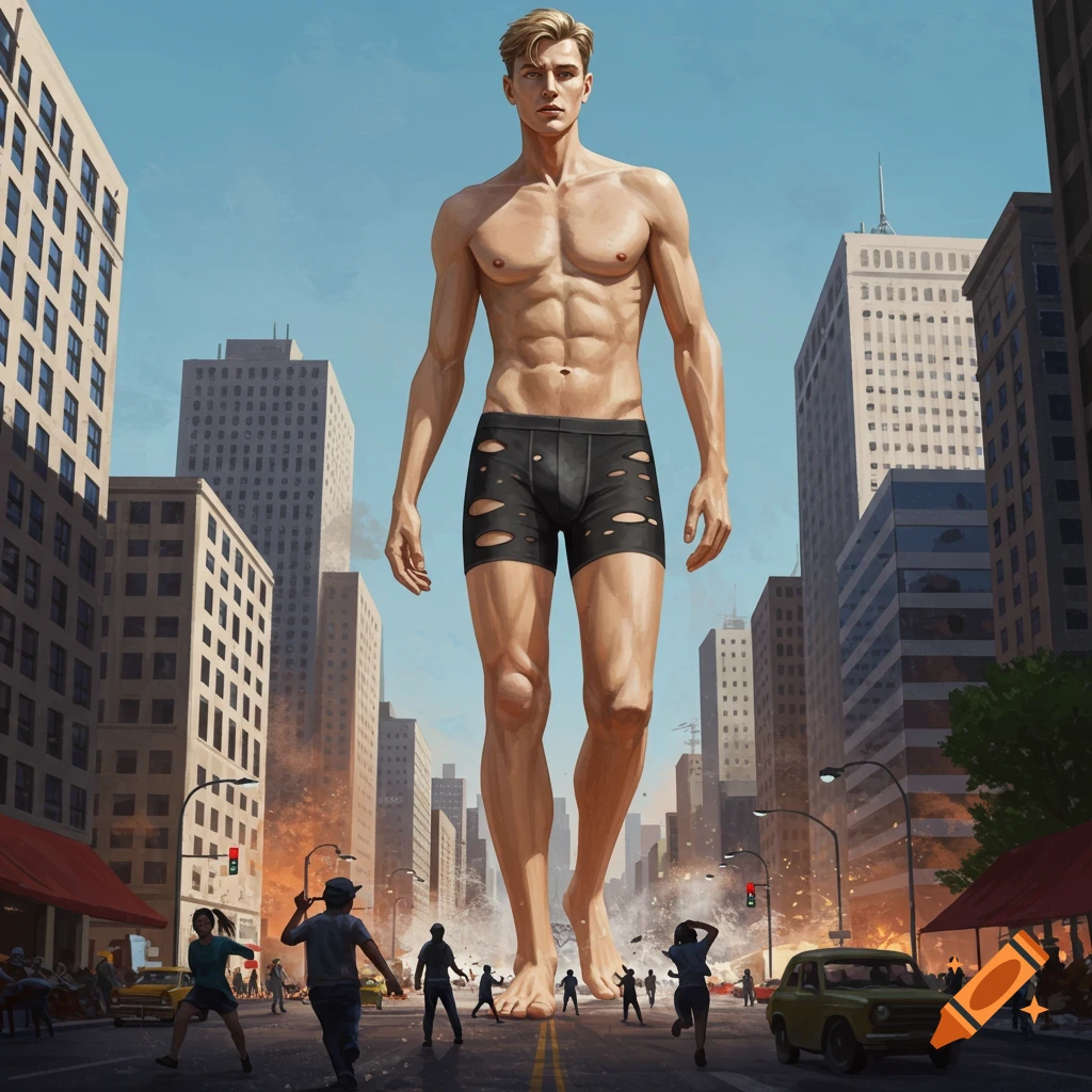 Giant ripped man in boxer shorts terrorizing city on Craiyon