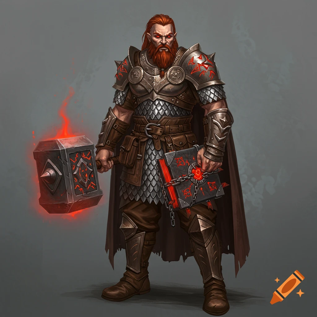 7-foot tall human fighter with red eyes, tan skin, scale mail ...