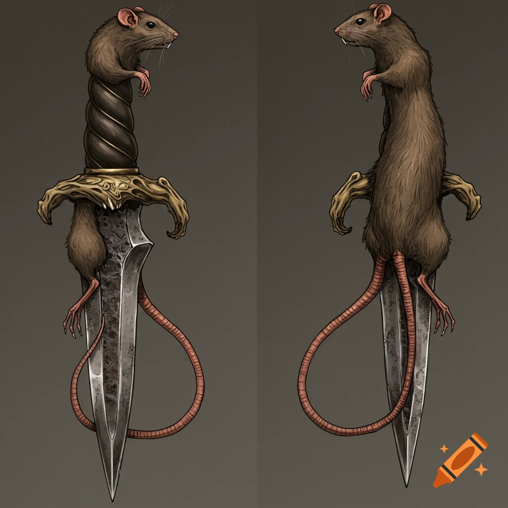 Sketch of a rat-themed dagger with a rat tail pommel and rat head ...