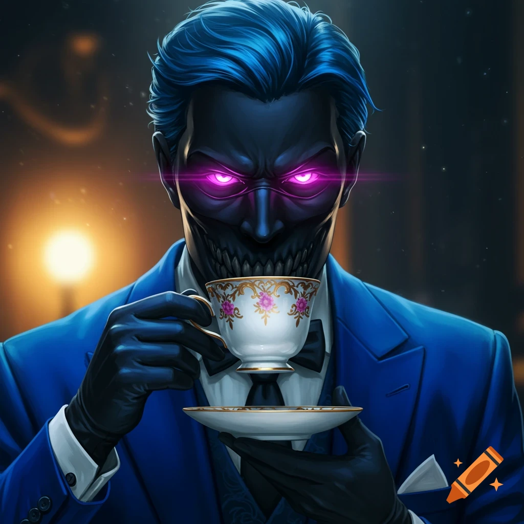 Dark character in blue tux with glowing pink eyes and sharp teeth mask ...