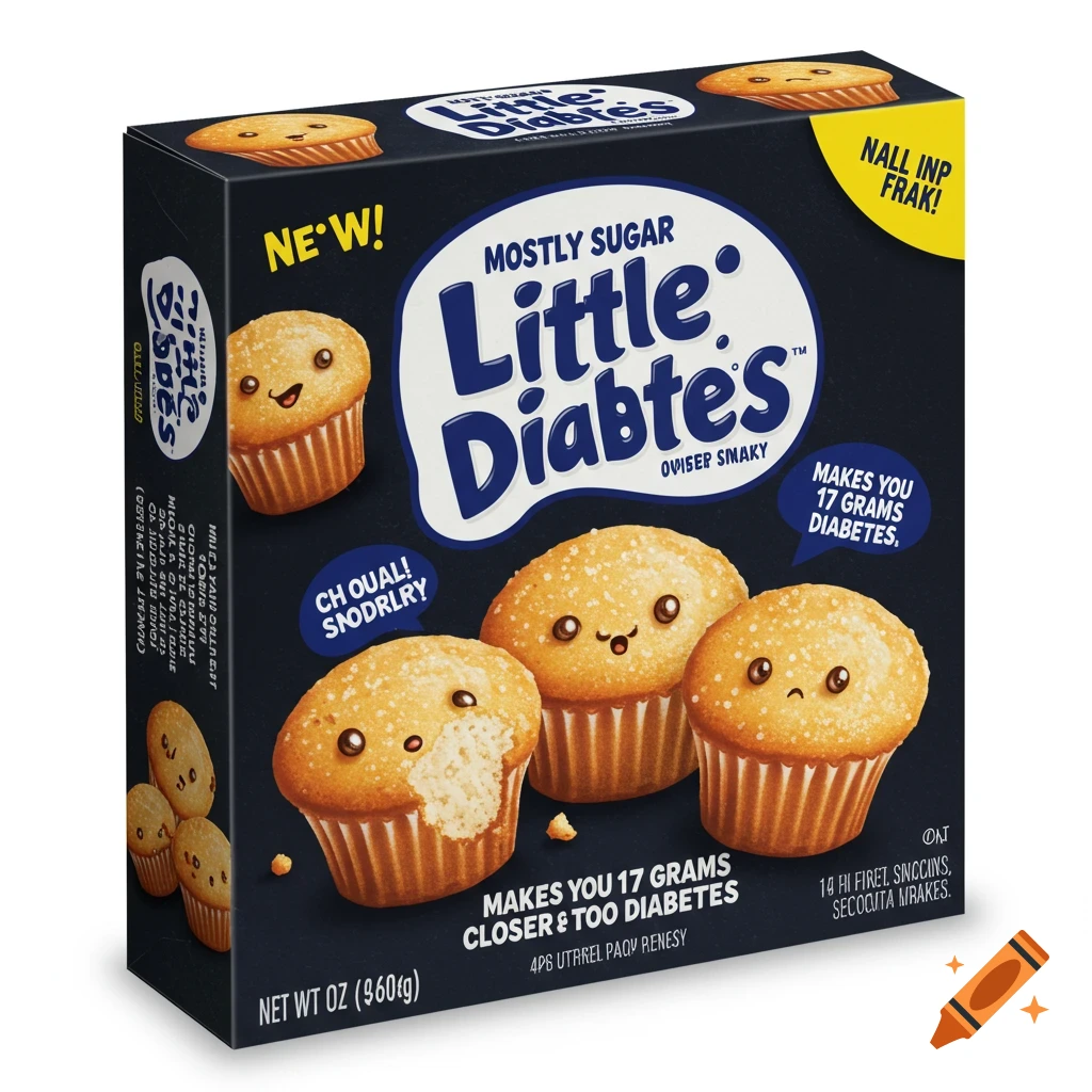 Little Bites muffin package parody labeled 'Little Diabetes' on Craiyon