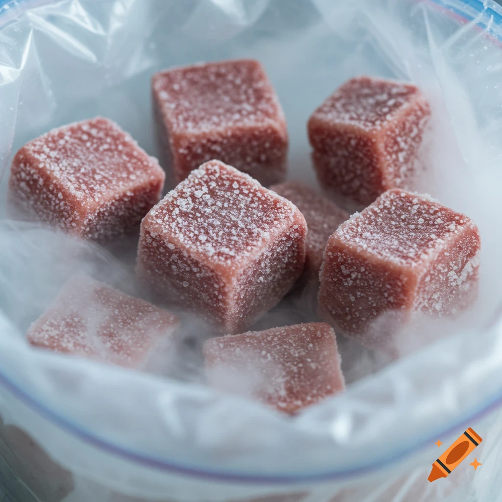 Close-up of frozen meat cubes in a bag, foggy on Craiyon