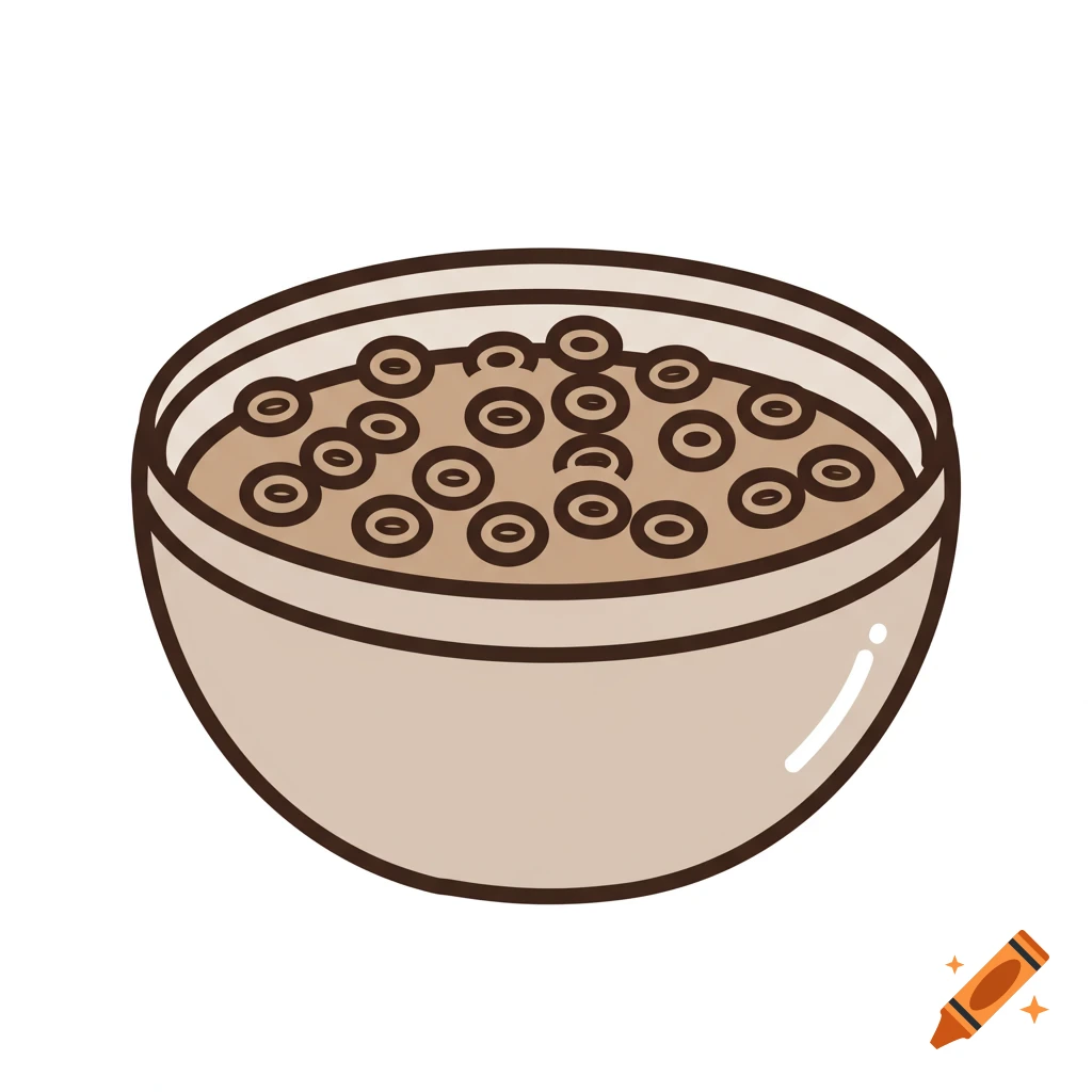 Simple drawing of a brown bowl filled with circular cereal. on Craiyon