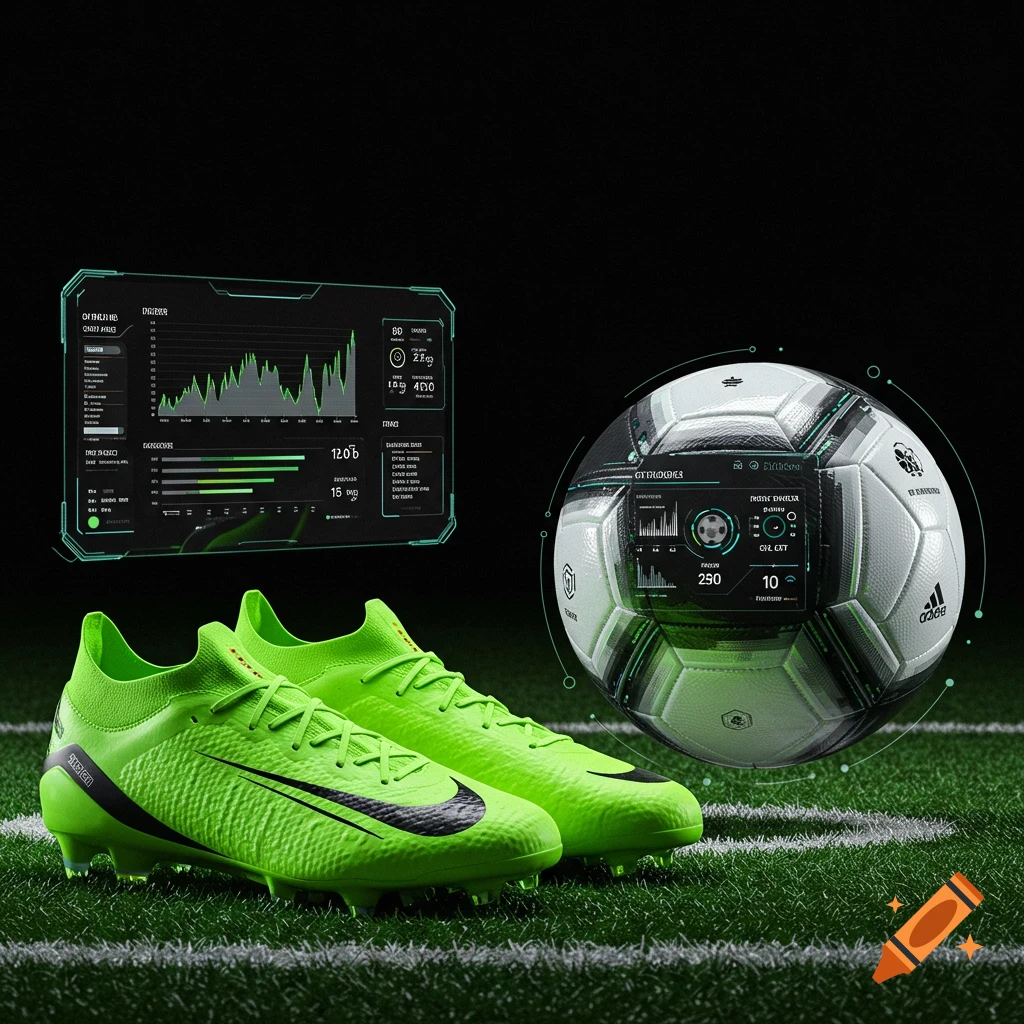 Soccer cleats and a ball with stats tracking on Craiyon