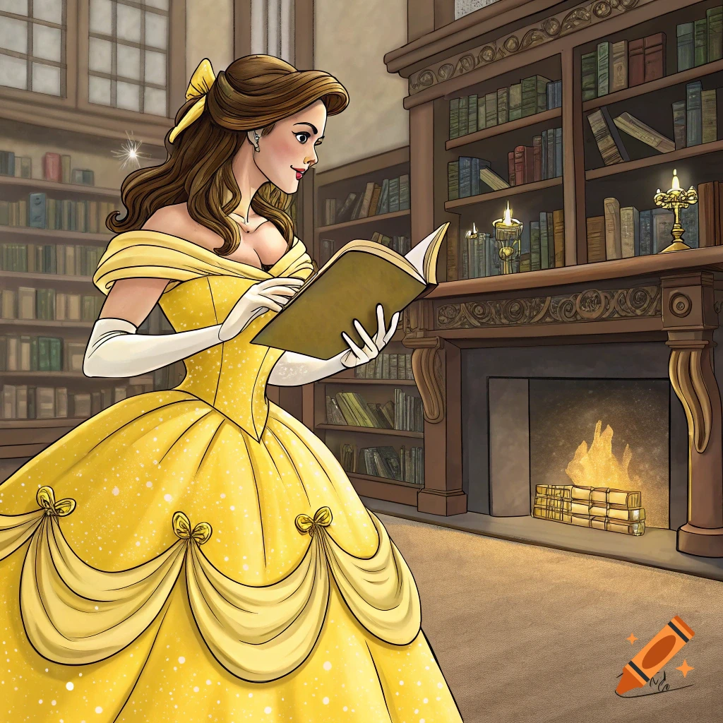 A woman in historical dress writes in a book with a quill in a magical ...