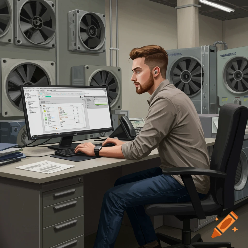 Man with blonde hair and beard watching security camera feeds of car ...